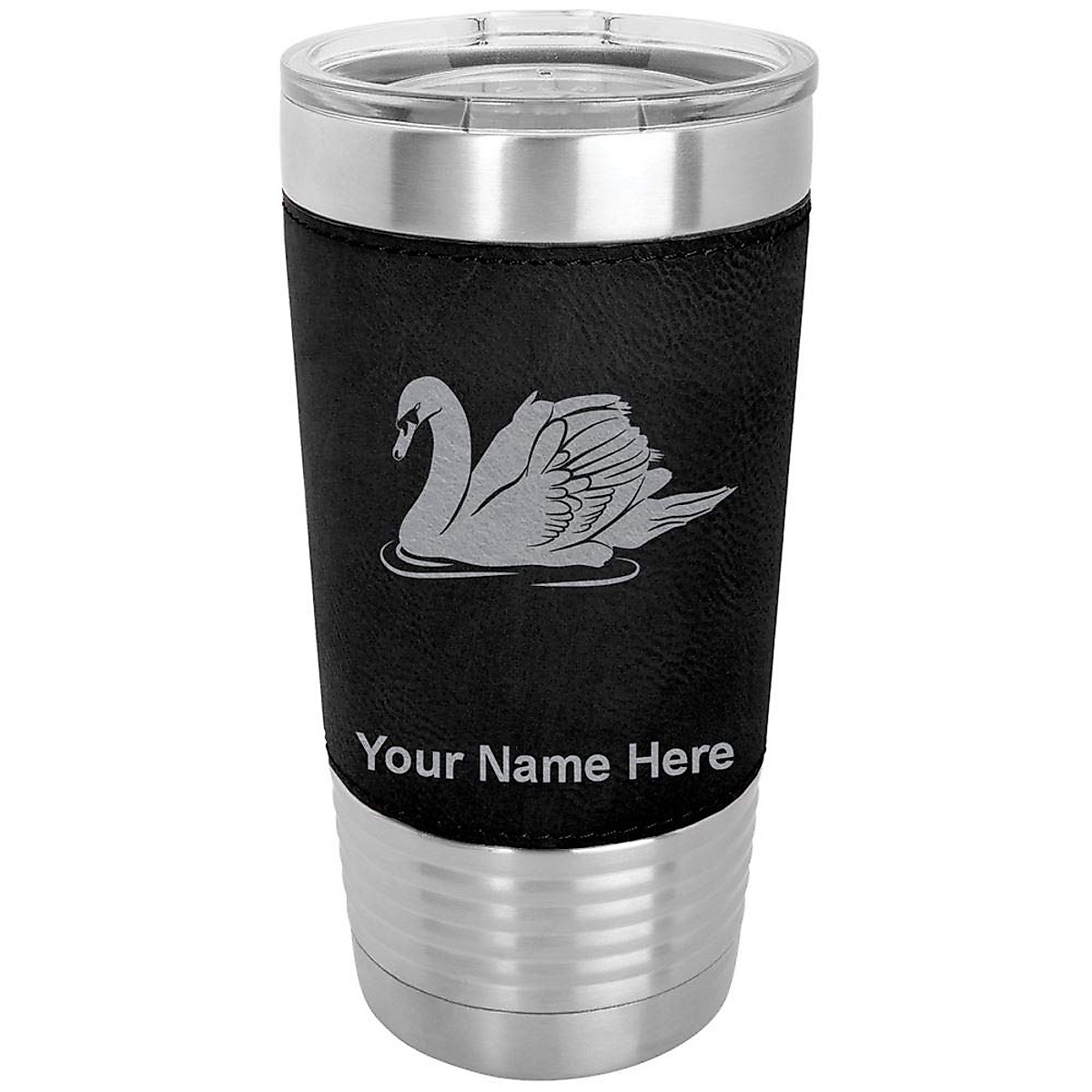 LaserGram 20oz Vacuum Insulated Tumbler Mug, Swan, Personalized Engraving Included (Faux Leather, Black)