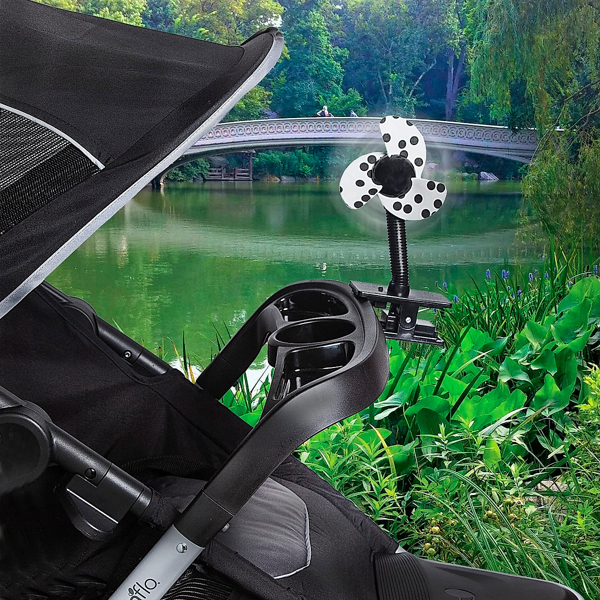 Good Gear Soft Fin Clip On Fan for Travel Stroller, Baby Crib & Car Seat - Black Dots/Grey