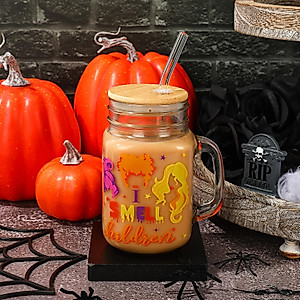 Whaline Halloween Mason Jar Mug with Handle 18oz Hocus Pocus Mason Jar Drinking Glasses Halloween Witch Ice Coffee Cups Glass Mugs Tumbler with Lid and Straw for Iced Coffee Tea Soda Cocktail Gifts