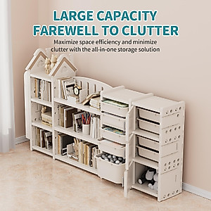 UNICOO Kids Toy Storage Organizer with Removable Bins, 4-Tier Bookshelf and Cabinet - Pull-Out Drawers Shelf for Toddlers - Space-Saving Solution for Nursery, Playroom, Study Room (White)