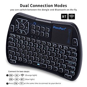 iPazzPort Bluetooth Mini Keyboard (IR Learning) Touchpad Mouse, Backlit 2.4GHz Wireless Keypad Remote Controller for Tablets, Smart TV,Fire Stick, Android TV Box KP-61SM (Bluetooth and 2.4G)