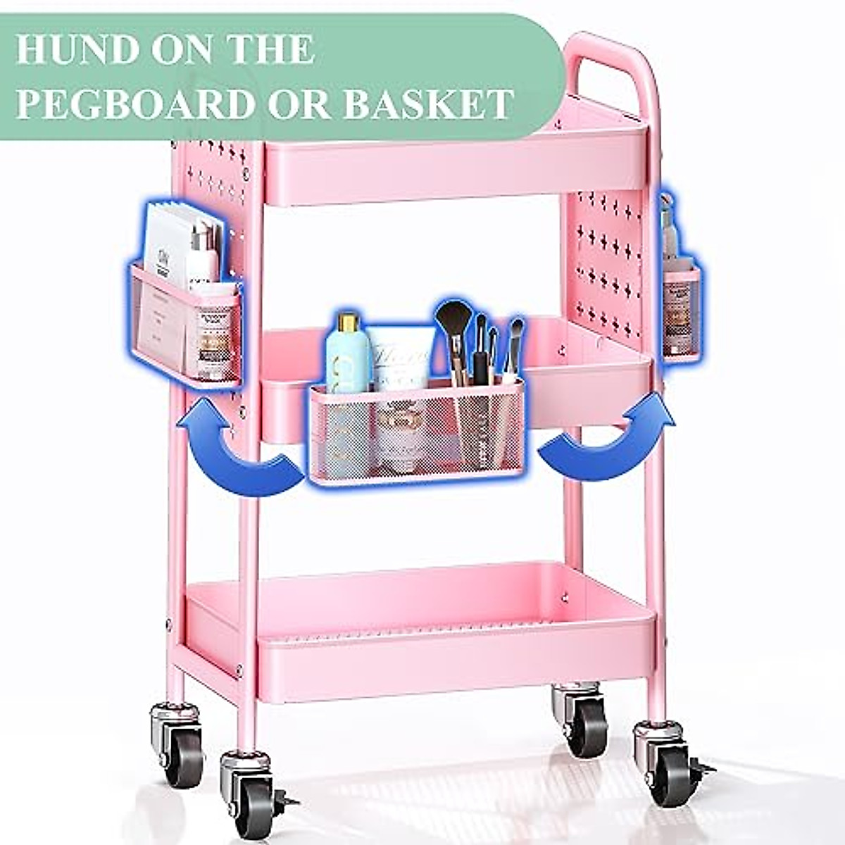 3 Tier Rolling Cart Organizer - Utility Cart on Wheels, Metal Pink Rolling Storage Cart with DIY Dual Pegboards, Removable Baskets Hooks, Teacher Rolling Art Cart for Office, Home, Kitchen, Classroom
