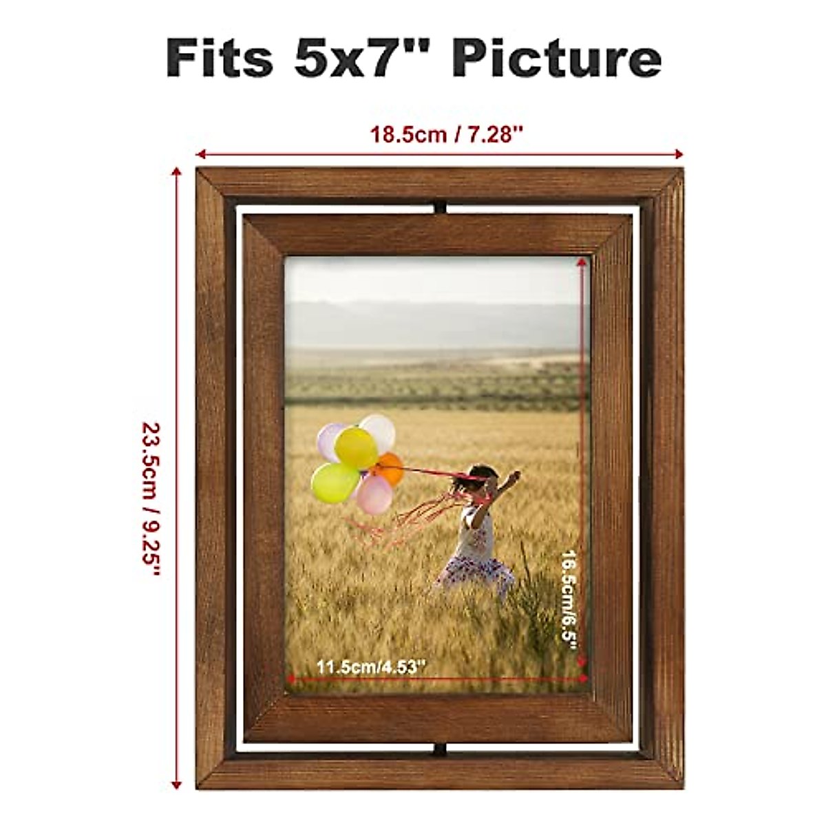 Egofine 2 Pack 5x7 Rotating Floating Picture Frames,Double-Sided Display with HD Glass Front Wooden Distressed Frame for Vertical or Horizontal Tabletop Display, Carbonization