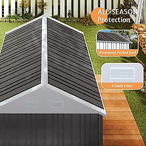 Jocisland 8.5x7.1x7.5 FT Galvanized Steel Outdoor Storage Shed, Lockable Double Hinged Doors and 4 Vents, Metal Shed for Backyard Storage, Dark Black/White