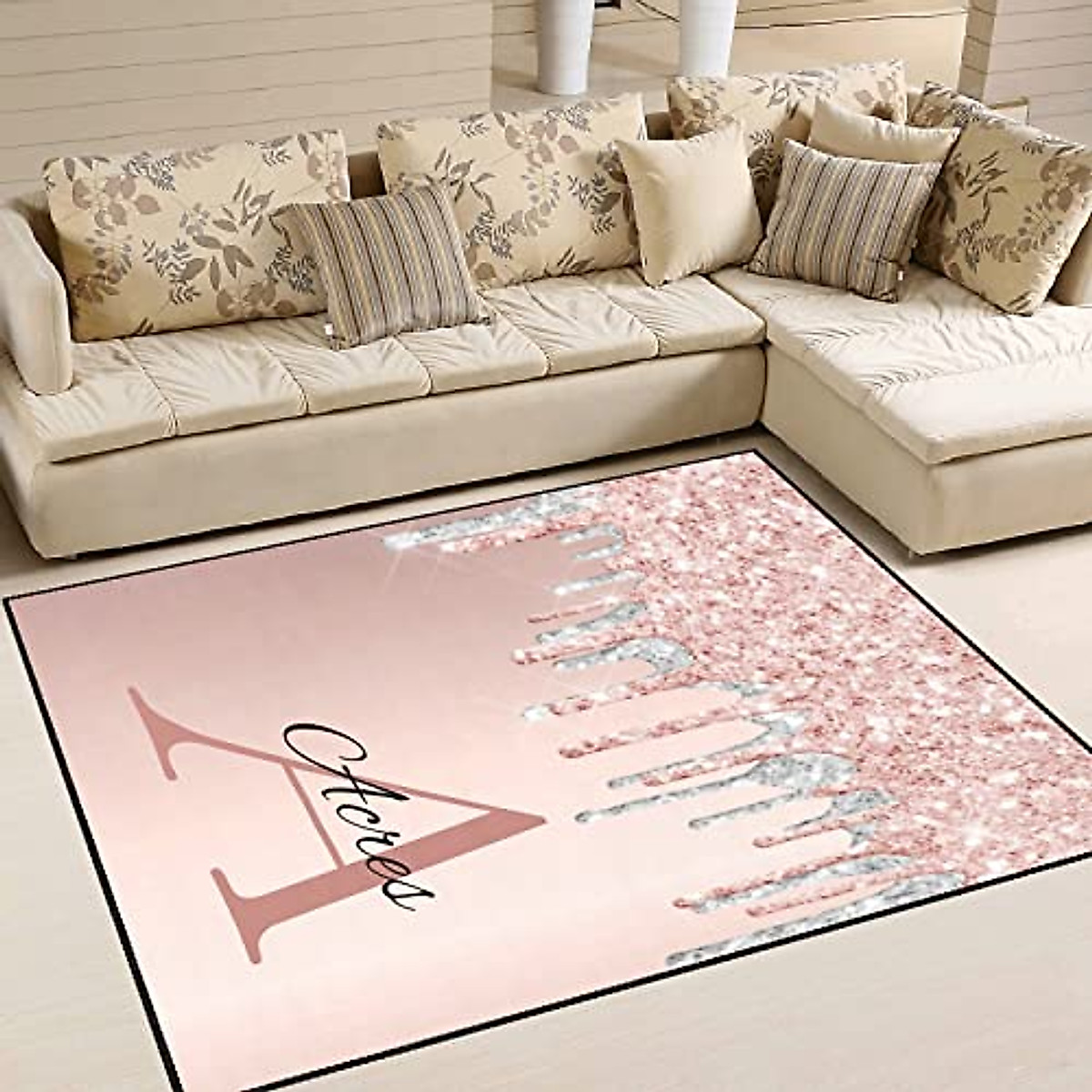 Personalized Pink Grey Drip 4'x5.2' Non-Slip Area Rug with Name Text Custom Carpet Floor Mat for Bedroom Living Room Home Decoration