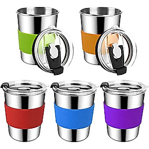 ShineMe 8oz Kids Cups Spill Proof, 5pack Stainless Steel Sippy Cups with Lids and Silicone Sleeves, Reusable Toddler Cups for Hot and Cold Drinks, BPA Free Snack Cups Apply for Indoor/Outdoor