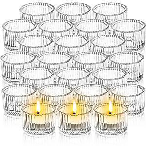 Elsjoy 24 Pack Glass Tealight Candle Holder, 2" x 1.4" Small Clear Glass Votive Candle Holders Mini Ribbed Tealight Holder for Wedding, Birthday, Festival, Table Centerpiece