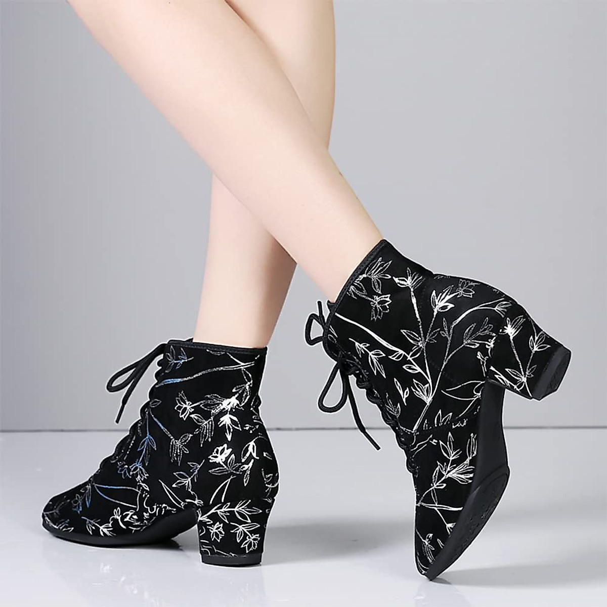 HROYL Women's Latin Dance Boots Close Toe Ballroom Tango Performance Practice Teaching Dancing Shoes,LHD-GBNJB-TJYH-5-R,US 8