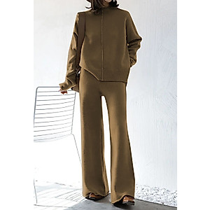 Fixmatti Women's 2 Piece Outfits Sweatsuit Knit Long Sleeve Sweater Wide Leg Pants Loungewear Brown S