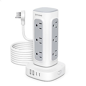 TROND Tower Power Strip Surge Protector - Power Strip with 4 USB Ports(2 USB C), 12 Widely Spaced Outlets, Ultra Thin Flat Plug 10ft Extension Cord, 1700J, for Home Office Supplies, Dorm Essentials