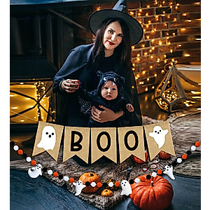 PTFNY Halloween Banner Burlap Boo Banner Ghost Felt Ball Banner Happy Halloween Banner Halloween Decor for Party Halloween Birthday Decorations