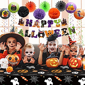 Halloween Decorations Indoor Outdoor- Happy Halloween Banner sets and Tablecloth , Halloween Garland Bat Ghost Pumpkin Halloween Party Decorations, Halloween Party Decorations Supplies
