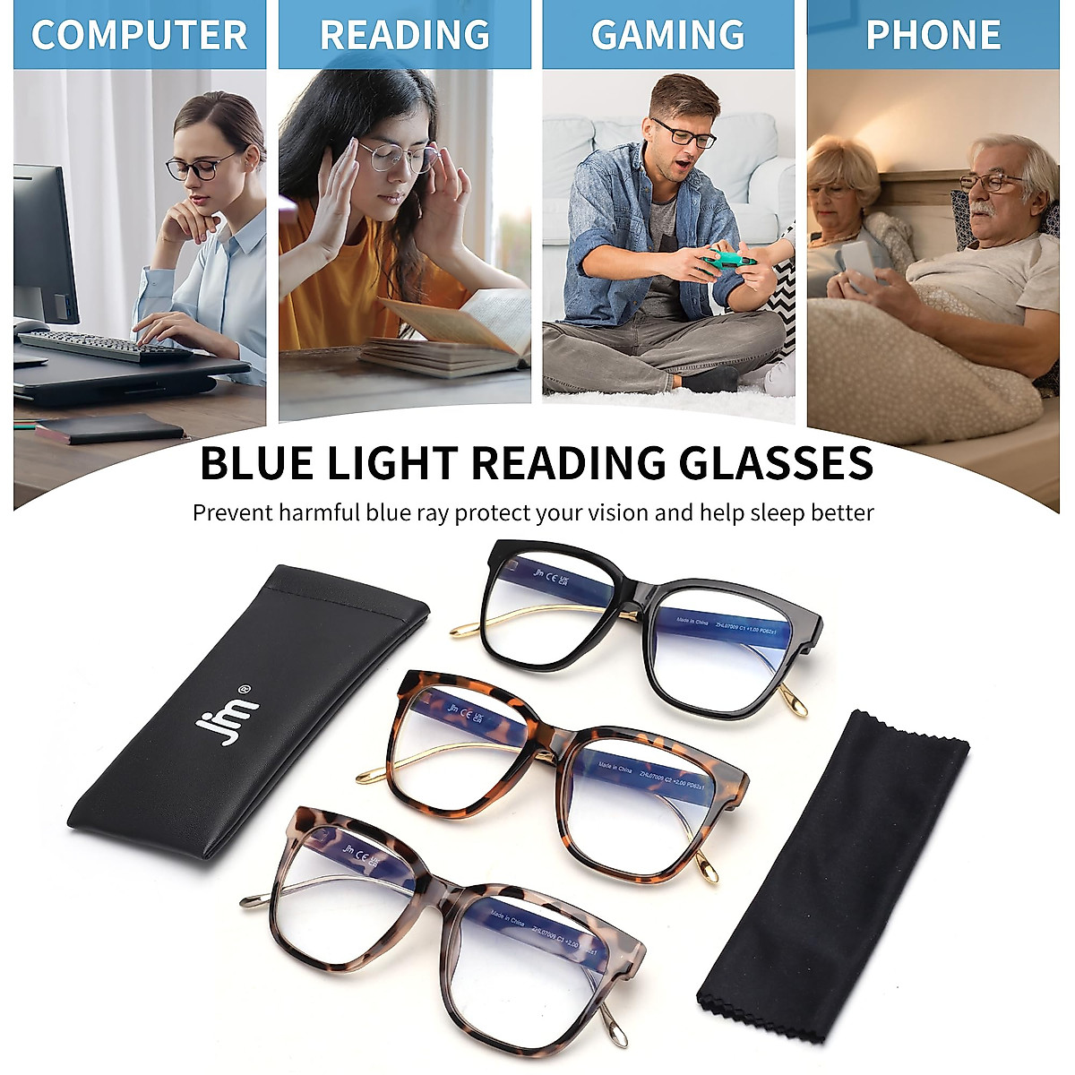 JM 3 Pack Classic Square Reading Glasses for Women Men, Retro Trendy Oversized Square Blue Light Blocking Readers +1.75