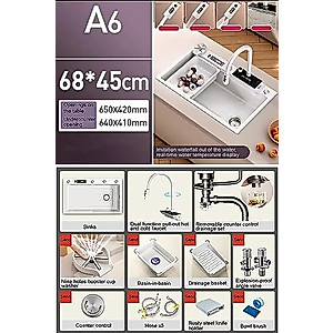 Kitchen sink, 304nm stainless steel household sink under the counter, white digital display flying rain waterfall large single sink, pull out hot and cold water faucet ( Color :White2, Size : 68*45*22