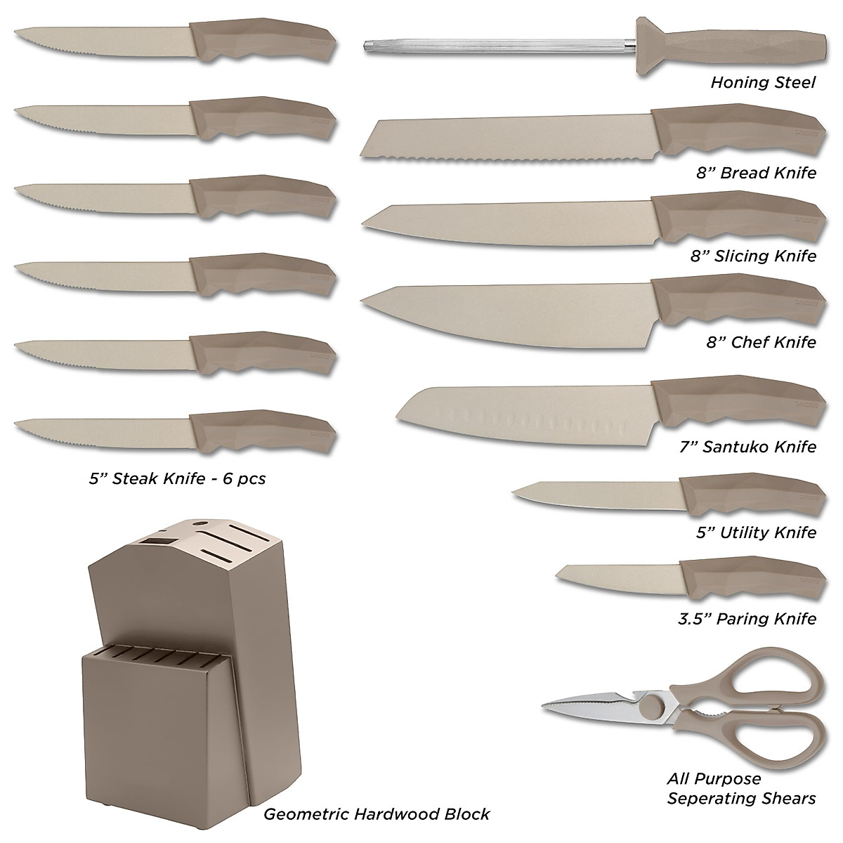 15 Piece Kitchen Knife Set with Block, Full-Tang High-Carbon Stainless-Steel Blades, Heavy Duty Handles, Gold Knife Set with Block, Knife Block Set, Modern Kitchen Essentials Chef Knife Set DFACKTO