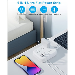 Flat Plug Power Strip - Ultra Thin Flat Extension Cord, 3 USB Wall Charger(1 USB-C) for Cruise Ship Essentials, 5 ft Low Profile Extender, Charging Station Compact for Home,Dorm,Travel Accessories