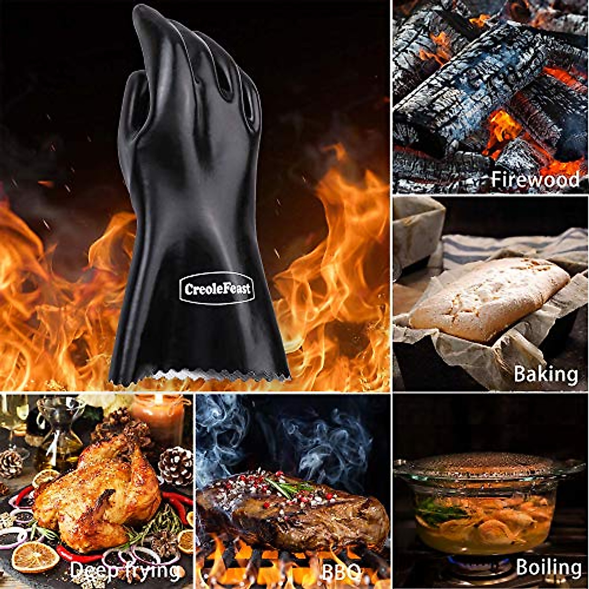 Creole Feast TG1305 Heat-Resistant BBQ Oven Gloves, Waterproof and Heavy-Duty Insulated Mitts, Perfect for Grilling, Fryer, Cooking and Baking, Black
