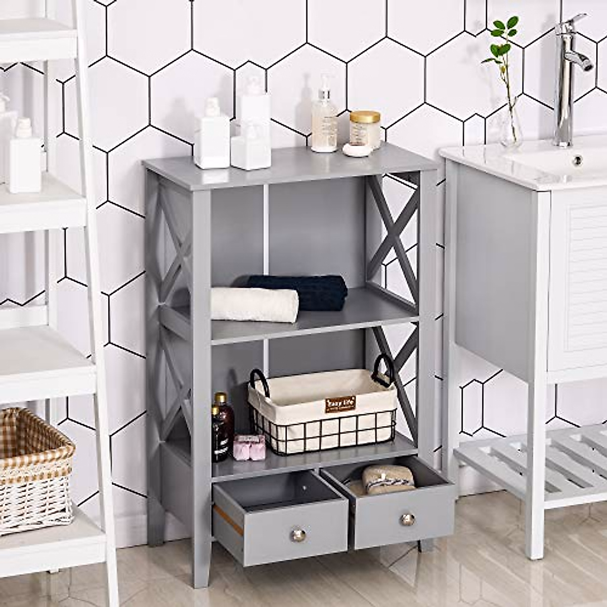 kleankin X- Frame Freestanding Floor Bathroom Storage with Two Drawers, Storage Organizer, Cabinet with 3 Shelves, Grey