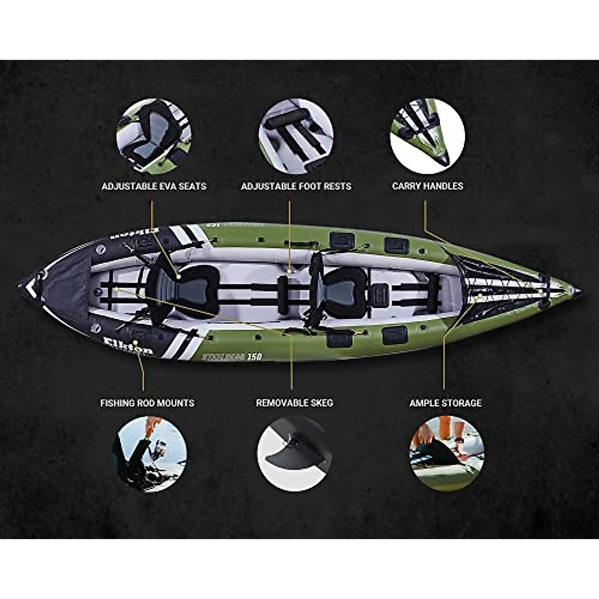 Elkton Outdoors Steelhead Inflatable Fishing Kayak Boat - 2 Person Angler Blow Up Tandem Kayak, Includes Paddles, Seats, Hard Mounting Points, Bungee Storage, Rigid Dropstitch Floor and Spray Guard