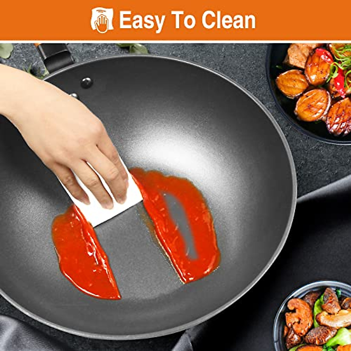 Anyfish Nonstick Wok 13.1 inch Stir-fry Wok Pan with Lid Pre-seasoned Carbon Steel Wok with Silicone Spatula No Chemical Coating Chinese Wok Flat Bottom for Induction, Coil Top, Electric, Gas Stove