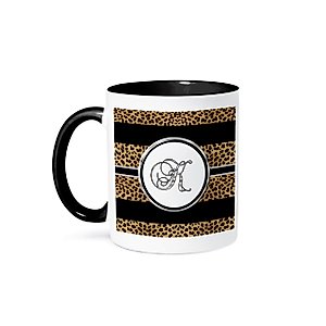 3dRose mug_180680_4 Elegant Cheetah Animal Print Monogram Letter K Two Tone Mug, 11 oz, Black