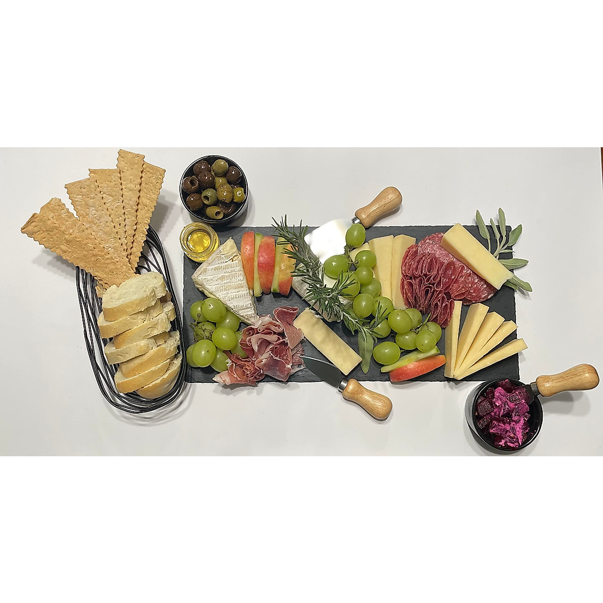 Slate Serving Set | 8 Pieces - 1 Black Slate 15X7.5 Serving Board with Soapstone, 2 Ceramic Ramekins, 3 Cheese Knives with Wooden Handles and 1 Wire Basket | Charcuterie, Appetizers, Desserts