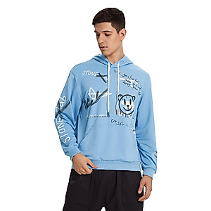 WDIRARA Men's Cartoon Letter Graphic Drawstring Hoodie Long Sleeve Pocket Sweatshirts Blue L
