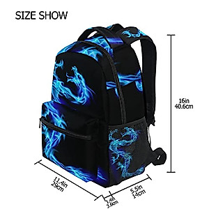 Blue Fire Dragon School Backpack for Boys Girls, Elementary School Bookbag Travel Bag Laptop Daypack with Name Tag