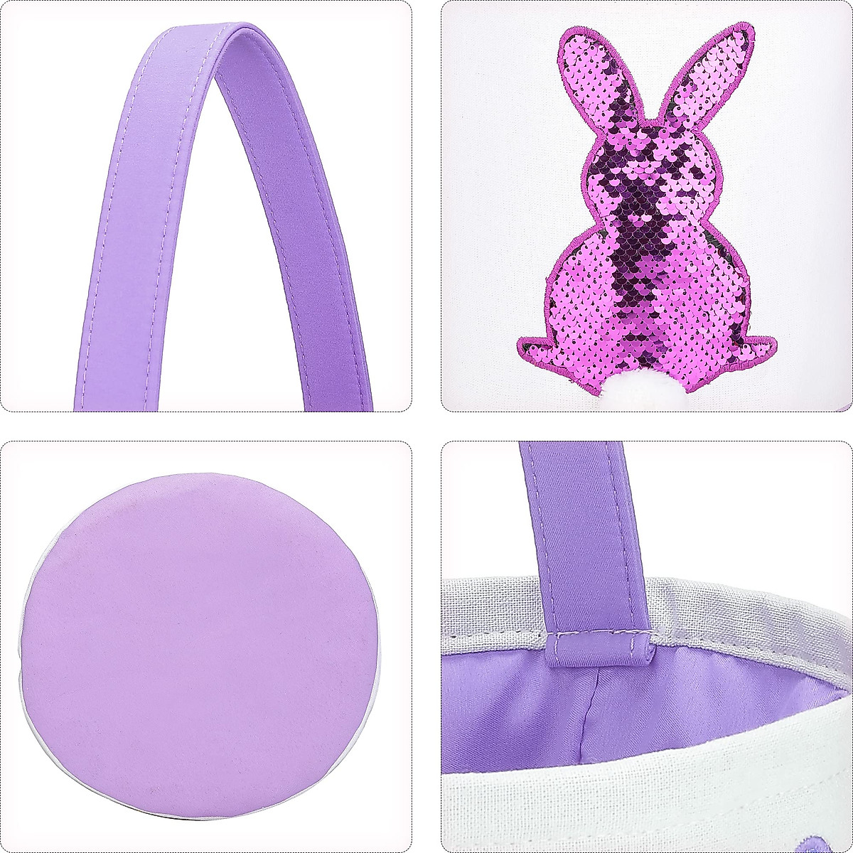 Easter Baskets for Kids - Boys and Girls Easter Egg Hunt Baskets, Cute Sequin Easter basketRabbit Bunny Printed Canvas Gift Basket for Baby, Easter Decorations Party Supplies (G-Purple and Pink)