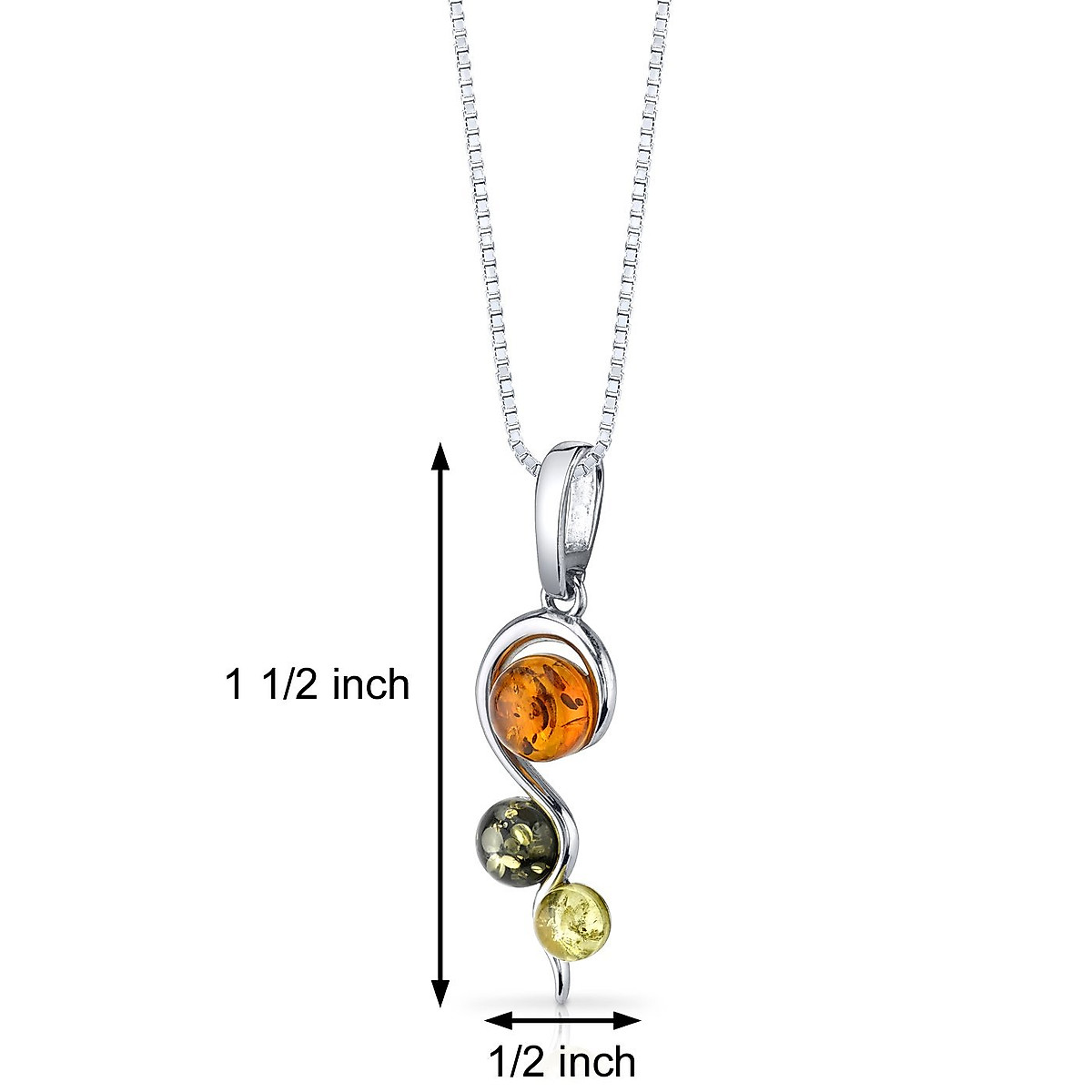 PEORA Genuine Baltic Amber Three-Stone Spiral Pendant Necklace for Women 925 Sterling Silver, Rich Cognac, Olive and Honey Colors, with 18 inch Chain
