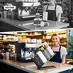 Dunatou Cup and Lid Holder, Adjustable Coffee Cup Holder Organizer, 4 Compartment Coffee Cup Dispenser, straw dispenser for Countertop Coffee Station Bar Office Breakroom, Black