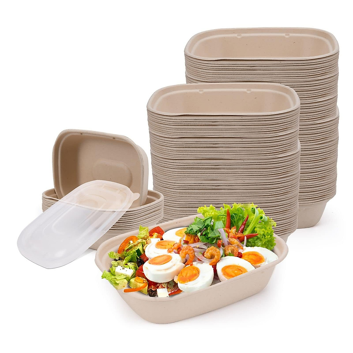 Kaderron 35 oz 50 Pack Large Paper Bowls with Lids, Disposable Bowls Bulk Leakproof and Microwave Safe for Hot/Cold Use
