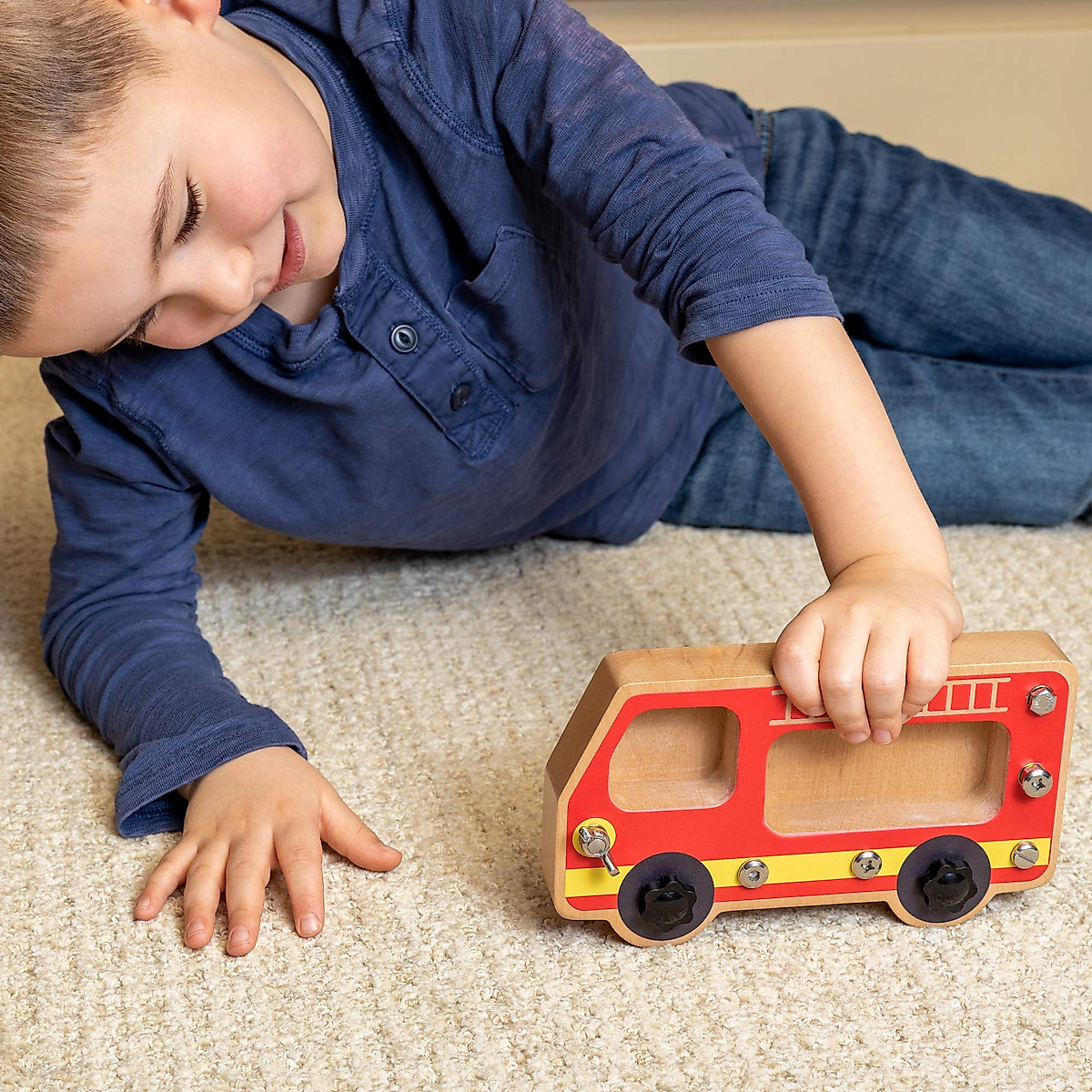 Montessori Screwdriver Set with Bolt Board. Toddler Tool Set with Real Tools for Kids Who Love Fire Truck Toys. Wooden Montessori Toys for 3, 4, 5 Year Olds. Fine Motor Toy for Preschool Learning.