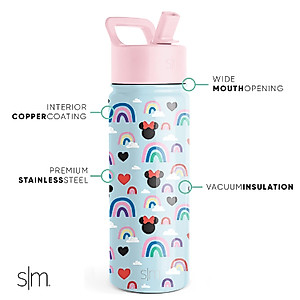 Simple Modern Disney Minnie Mouse Kids Water Bottle with Straw Lid | Reusable Insulated Stainless Steel Cup for Girls, School | Summit Collection | 18oz, Minnie Mouse Rainbows