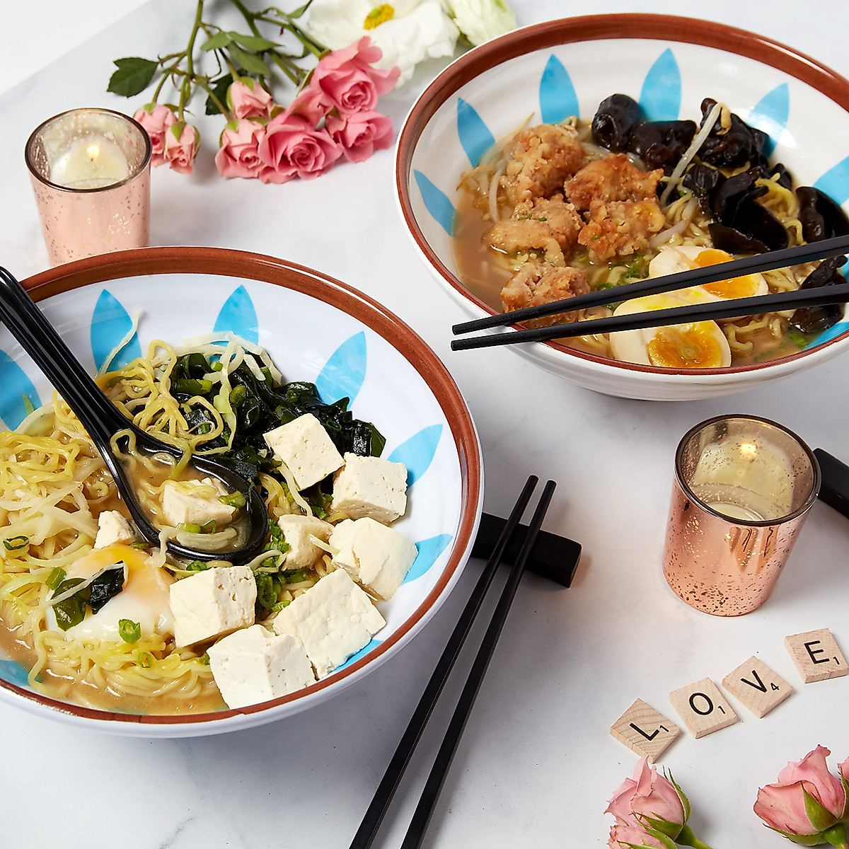 Nytana Japanese Style Large Ramen Bowl Set 60 Oz (10 Piece), 9 and Chopsticks with Spoons and Wood Stand, Ramen Noodle Bowls, Melamine Japanese Miso, Pho, Asian Cuisine, White, Blue, Brown