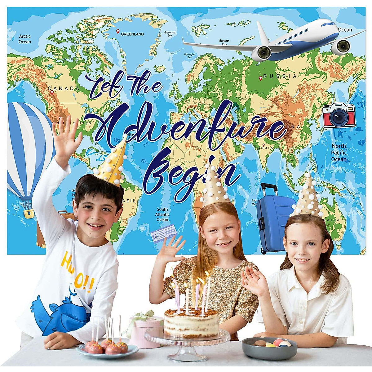 Adventure Awaits Backdrop Travel Themed World Map Photography Background Let The Adventure Begin World Travel Graduation Birthday Baby Shower Party Decorations Banner (6x4ft(70x40inch))
