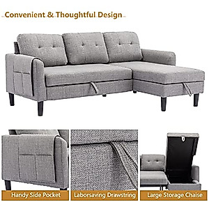 GNIXUU Pull Out Couch, Small Sectional Sleeper Sofa Bed with Storage Chaise, Convertible 3 Seater L Shaped Couch for Living Room, Grey
