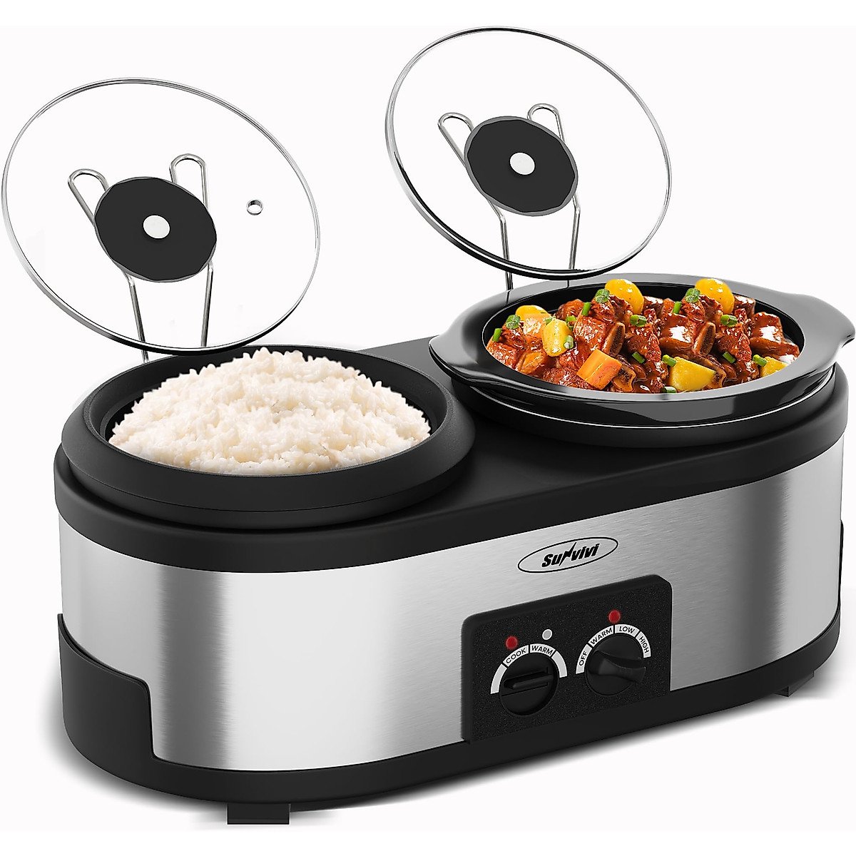 Sunvivi 2 in 1 Slow Cooker and Rice Cooker, Slow Cooker with 1.5 QT Ceramic Pot & 3 Temps, Rice Cooker with 3- Cup Non-Stick Aluminum Pot & Indicator Lights, Dual Control Knob, Stainless Steel