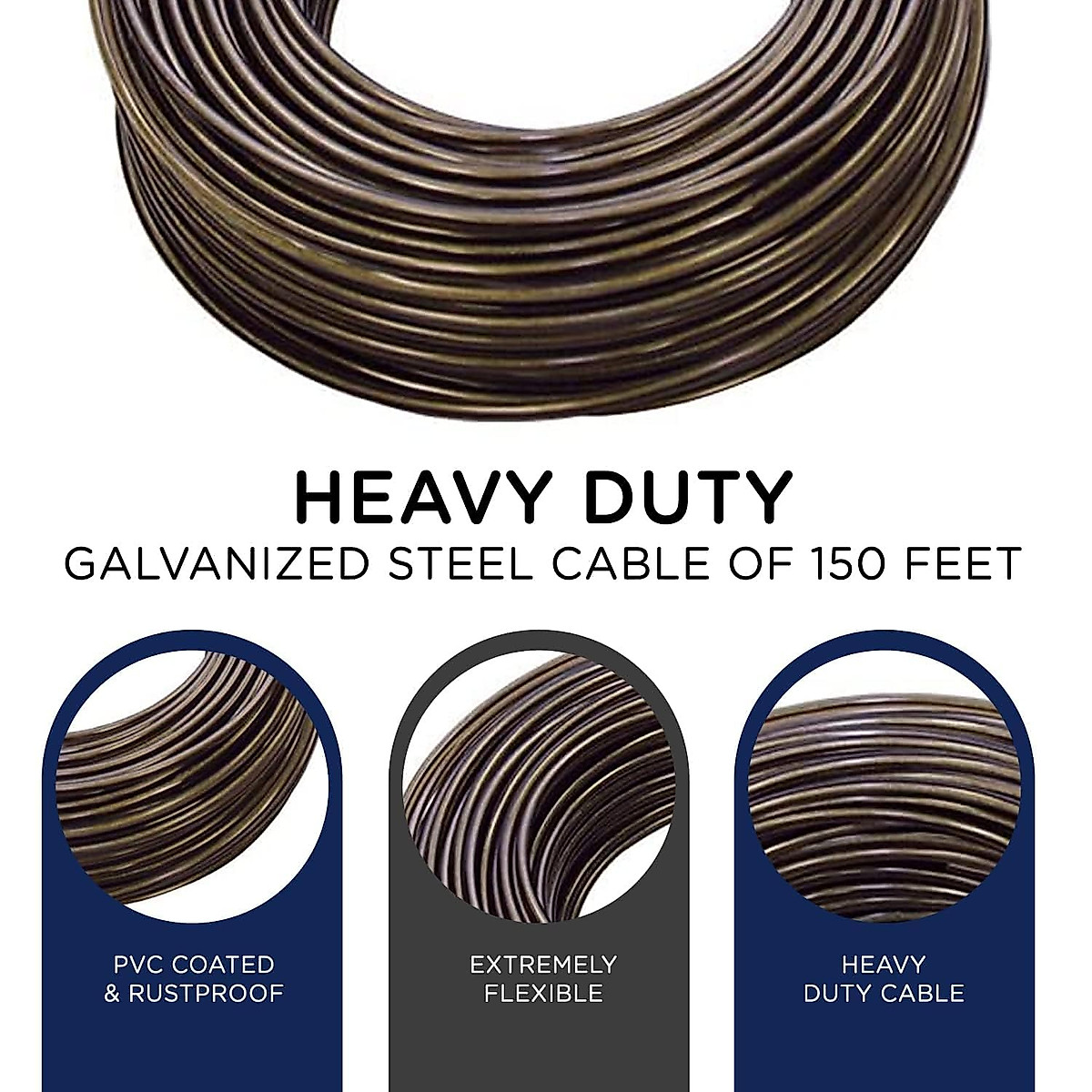 Strata 150 Feet Clothesline Outdoor Heavy Duty Galvanized Wire Steel Cable, Mocha PVC Coating - Clothes Line Wires for Outside Laundry Drying