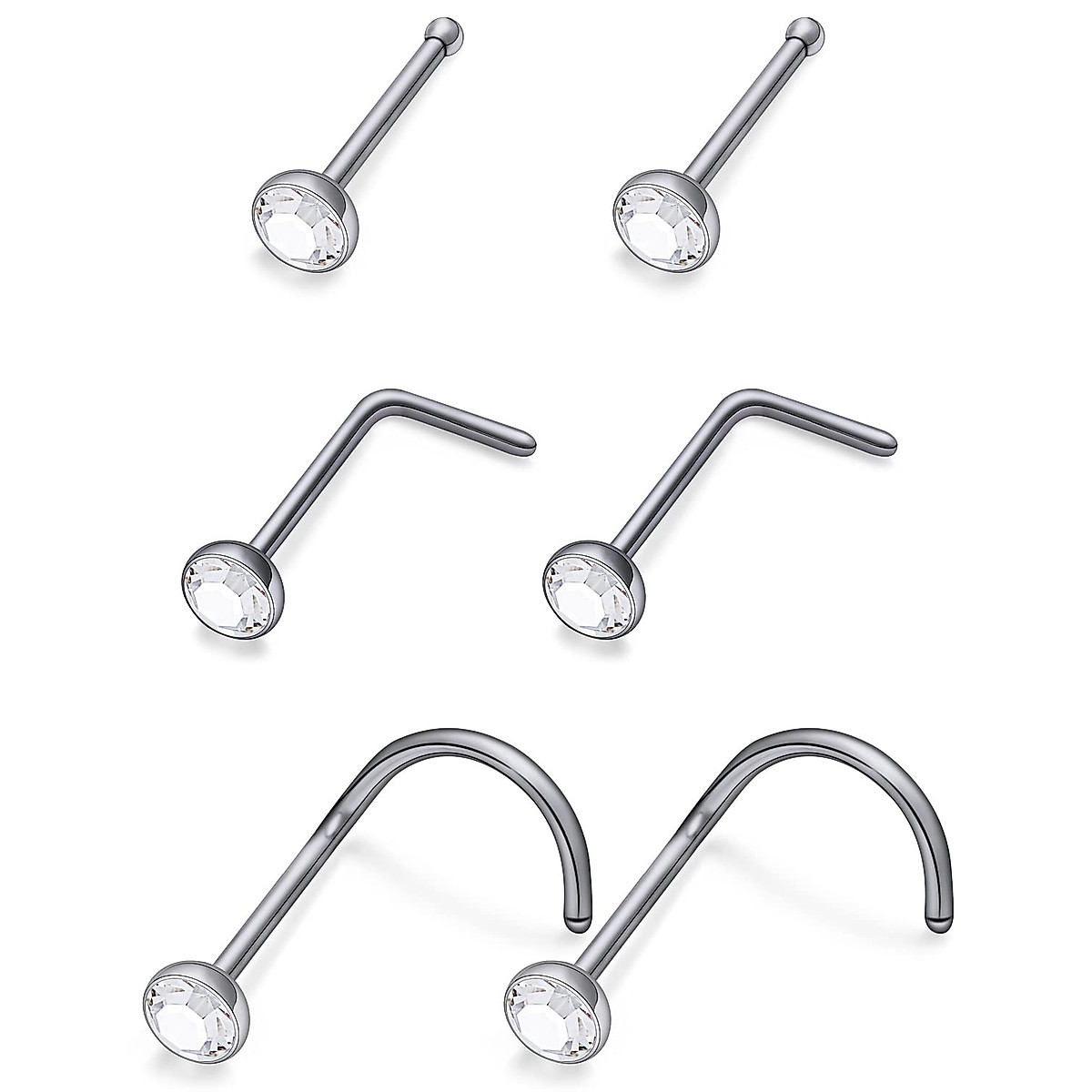 Vsnnsns G23 Titanium Nose Rings for Women 18G Bone L Shaped Nose Studs Screw Nose Rings CZ 2mm Titanium Nose Piercing Jewelry for Men 6Pcs