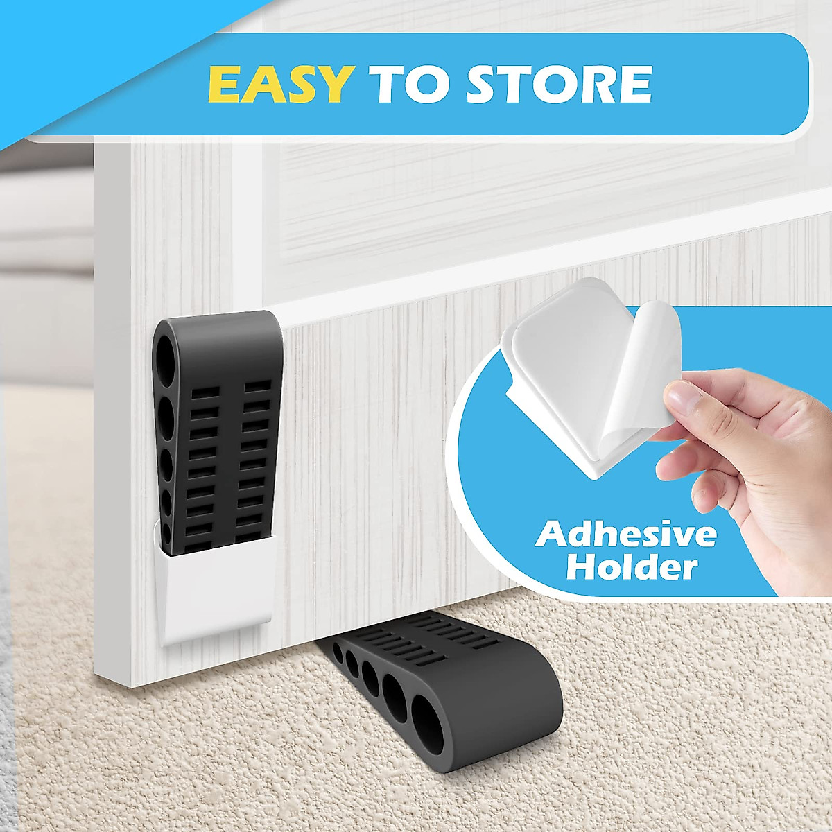 Rubber Door Stoppers for Bottom of Door - 4 Pack Door Stop Wedge with Holder Heavy Duty Doorstop for Home Office Dorm Classroom Garage Stackable on Multi Floor Carpet Concrete Tile Linoleum & Wood