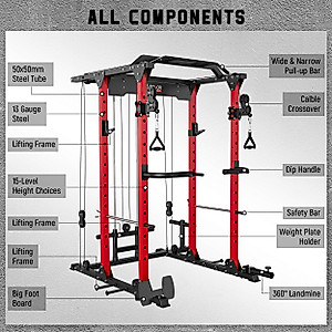 MAJOR LUTIE Power Cage, PLM03 1400 lbs Multi-Function Power Rack with Adjustable Cable Crossover System and More Training Attachment