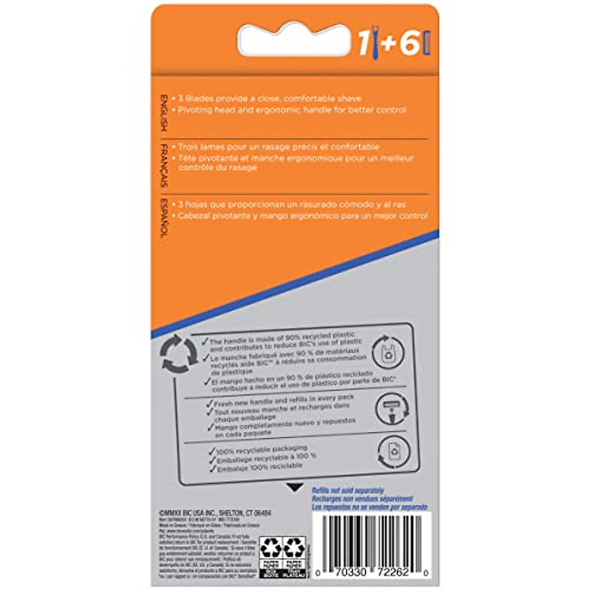 BIC Comfort 3 Refillable Three-Blade Disposable Razor for Men, Sensitive Skin Razor For a Comfortable Shave, 1 Handle and 6 Cartridges, 7 Piece Razor Set
