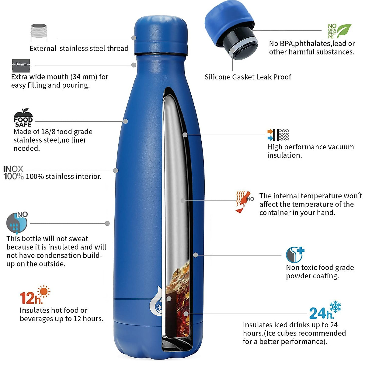 BJPKPK 17oz Stainless Steel Water Bottles Dishwasher Safe Sports Insulated Water Bottle-Blue