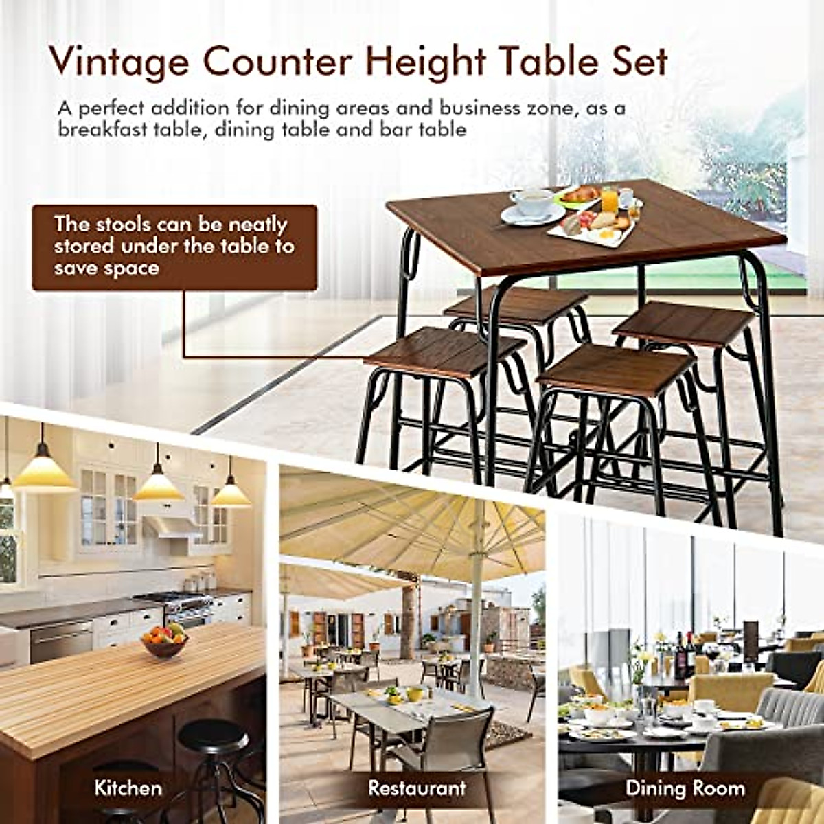 COSTWAY 5-Piece Bar Table Set Industrial Counter Height Square Table with 4-Piece Classic Backless Stools Space-Saving Vintage Dining Table Set for Apartment Breakfast Nook Easy Assembly Rustic Brown