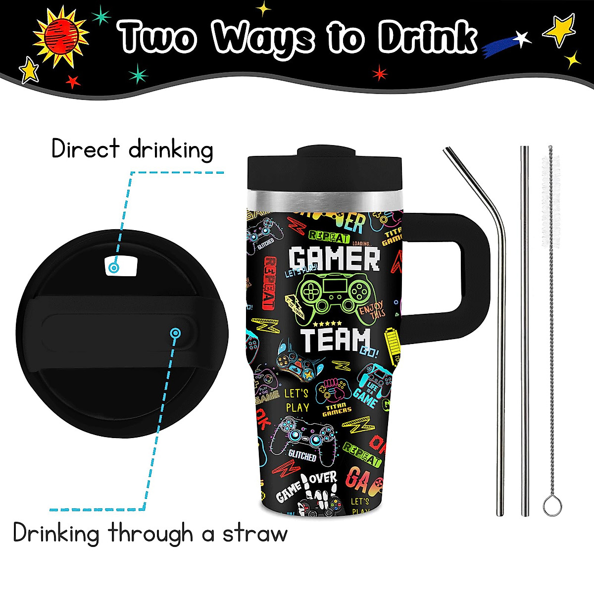 Gamer Gifts for Boys, 14 oz Game Tumbler with Handle and Straw for Kids, Gaming Mugs for Toddlers, Insulated Stainless Steel Leak Proof Tumbler for Gamer, Gaming Boys Gifts