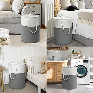 Goodpick 60L Laundry Basket with Lid, Collapsible Laundry Hamper for College Dorm, Foldable Dirty Clothes Basket, Storage Laundry Bin with Handles, 1 Pack, 60L, White & Grey