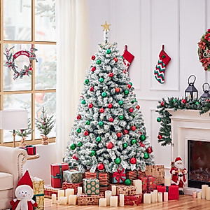 Yaheetech 6ft Premium Snow Flocked Artificial Christmas Tree Hinged Pine Full Holiday Xmas Tree for Home Office Party Decoration with 820 Branch Snow Tips and Metal Stand