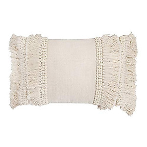 Creative Co-Op Creative Co-Op Cotton and Chenille Woven Lumbar Pillow with Fringe, Cream