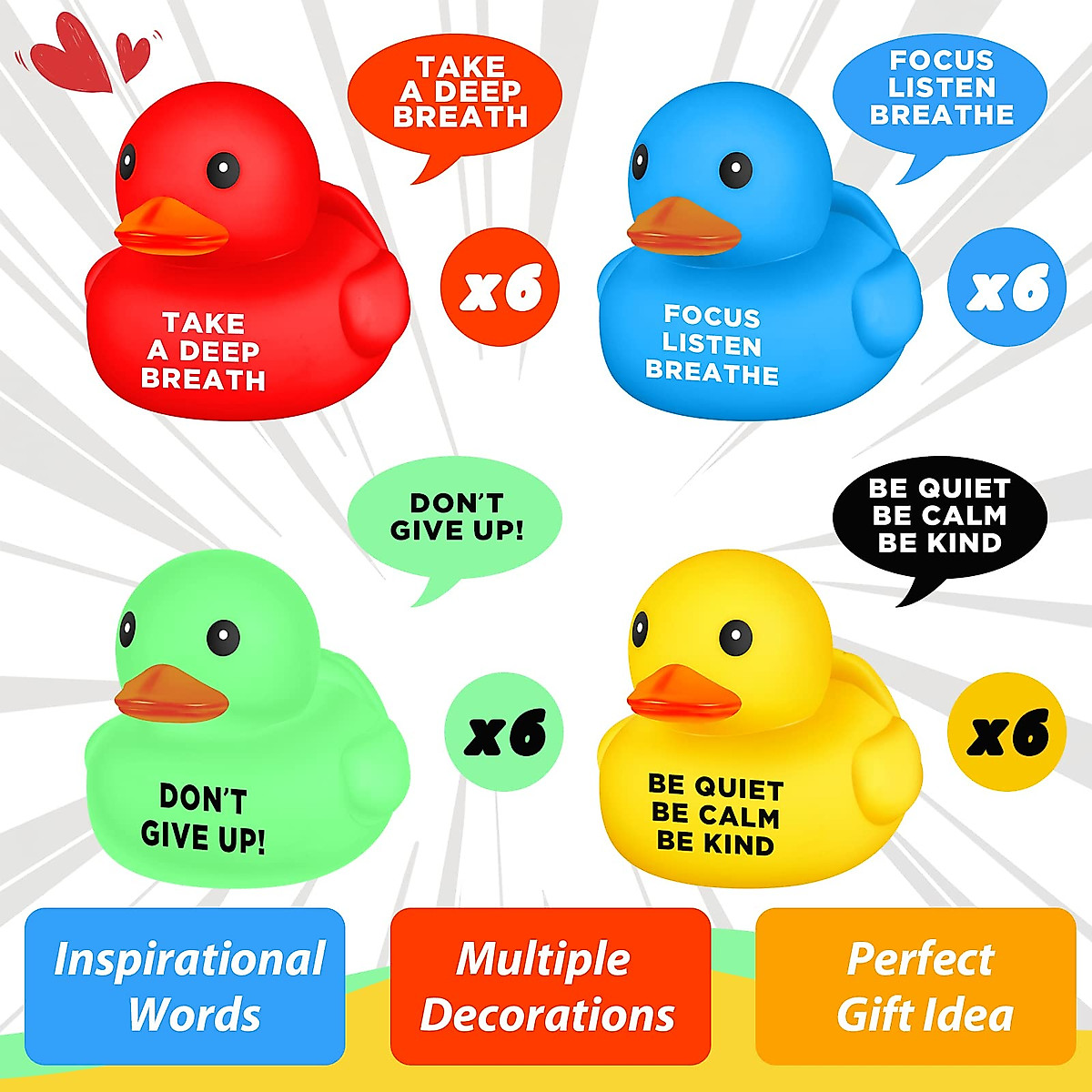 Lenwen 24 Pcs 1.89 Inch Rubber Duck Bath Toy Inspirational Gift Motivational Rubber Ducks Thank You Gifts Inspirational Party Favors Baby Shower Decorations Birthday (Red, Yellow, Blue, Green)